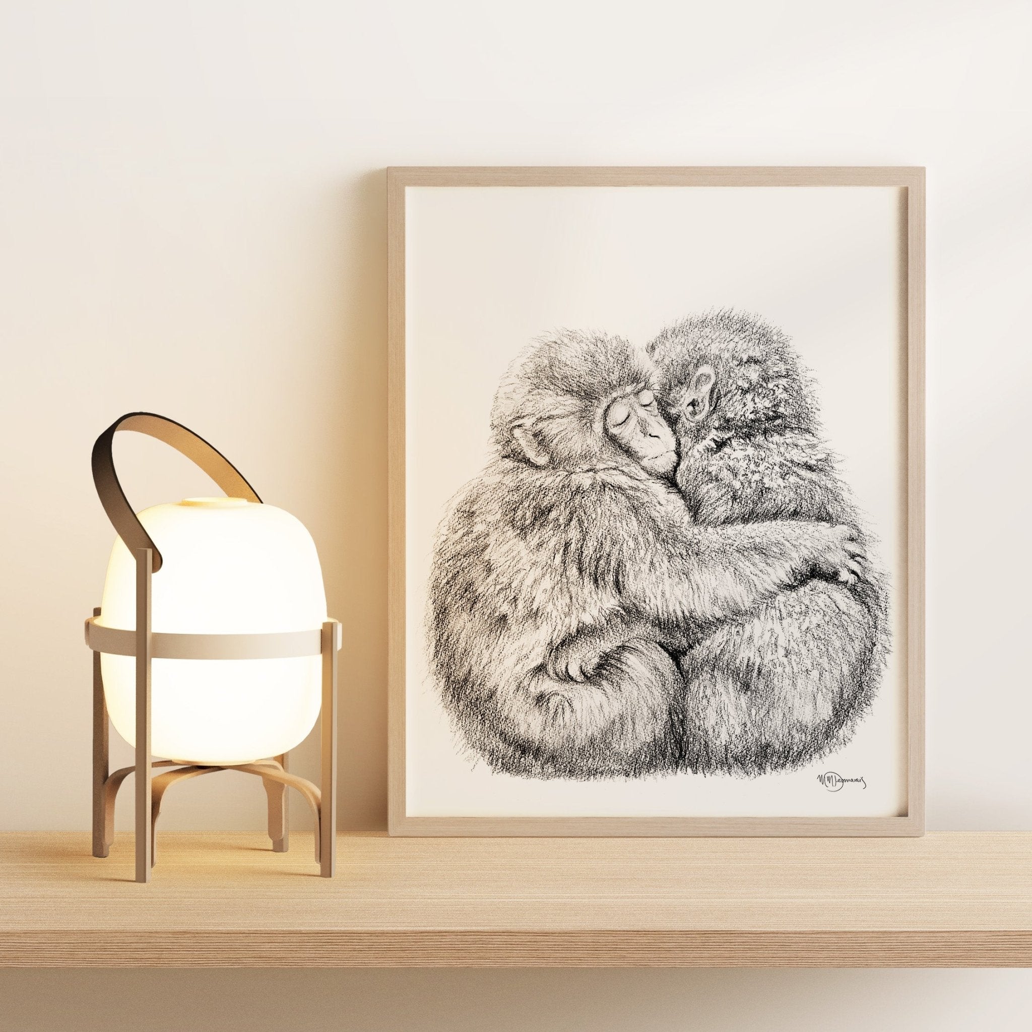 Adorable monkey hug - nursery wall art neutral - LE NID atelier